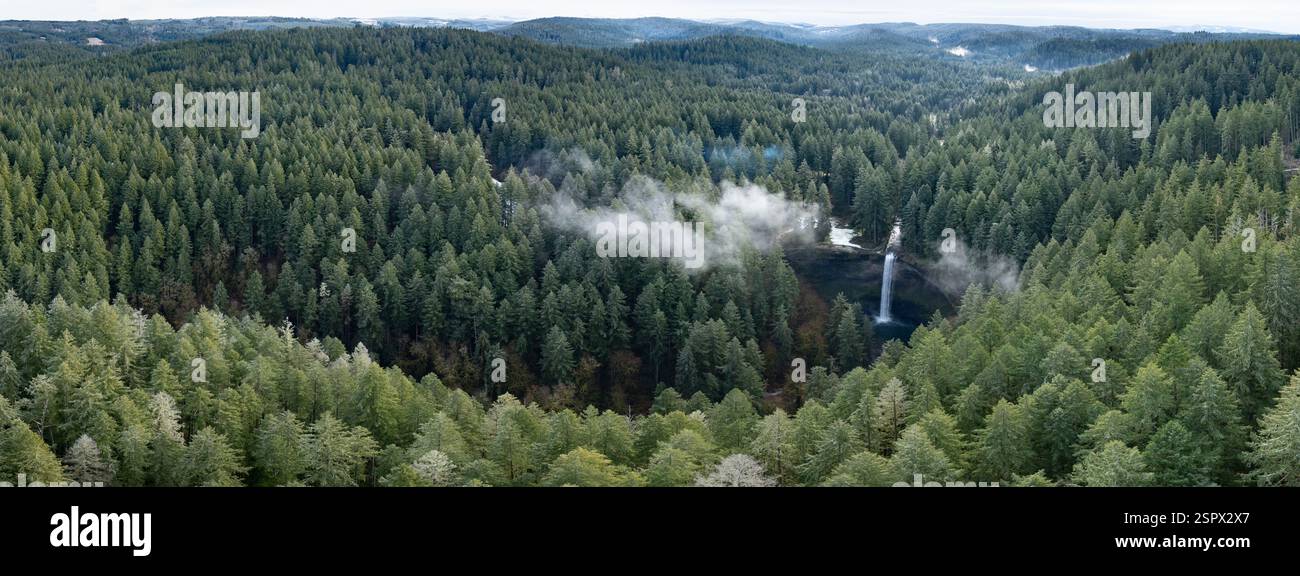 Mist drifts above the magnificent South Falls in Oregon. The entire ...