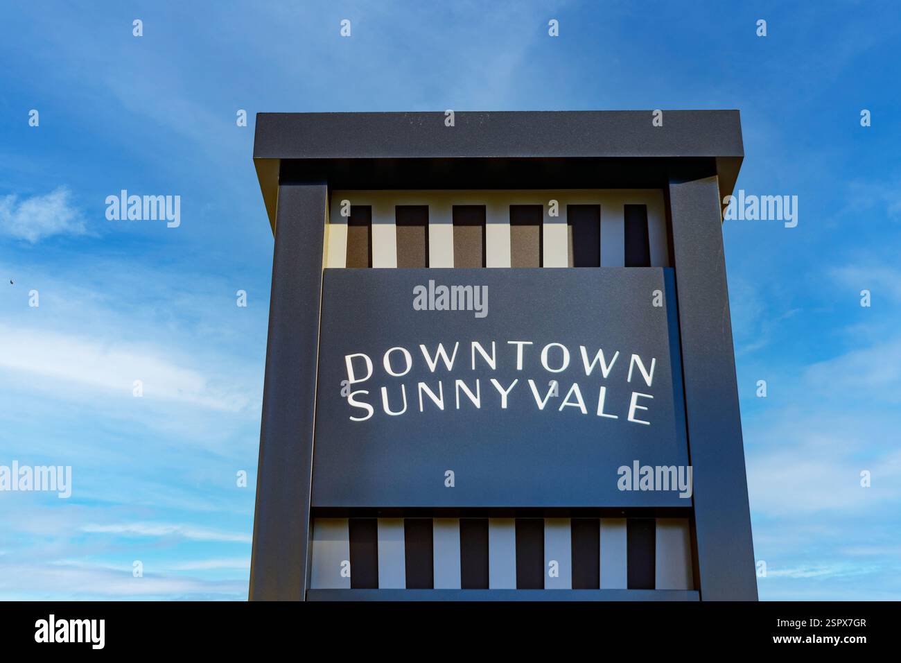 Modern monument sign displaying Downtown Sunnyvale marking the entrance ...