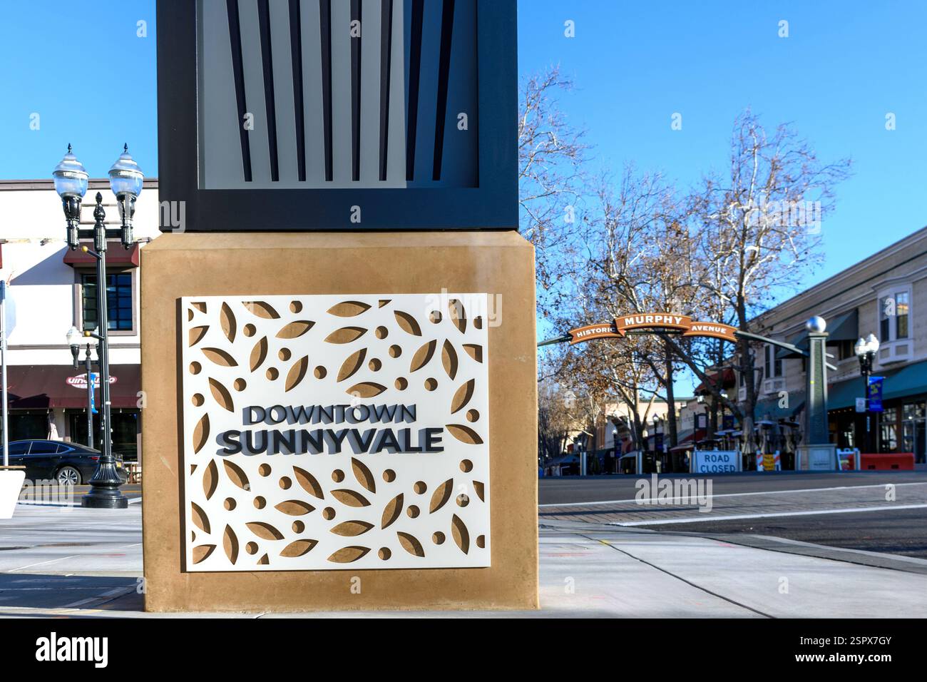 Downtown Sunnyvale signage with decorative leaf pattern mounted on a ...