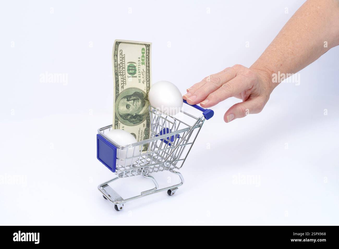 Horizontal shot of a woman’s hand pushing a tiny shopping cart with two ...