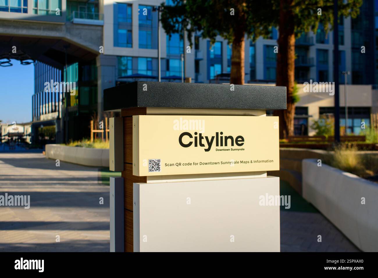 Cityline Downtown Sunnyvale sign with a QR code set against an urban ...