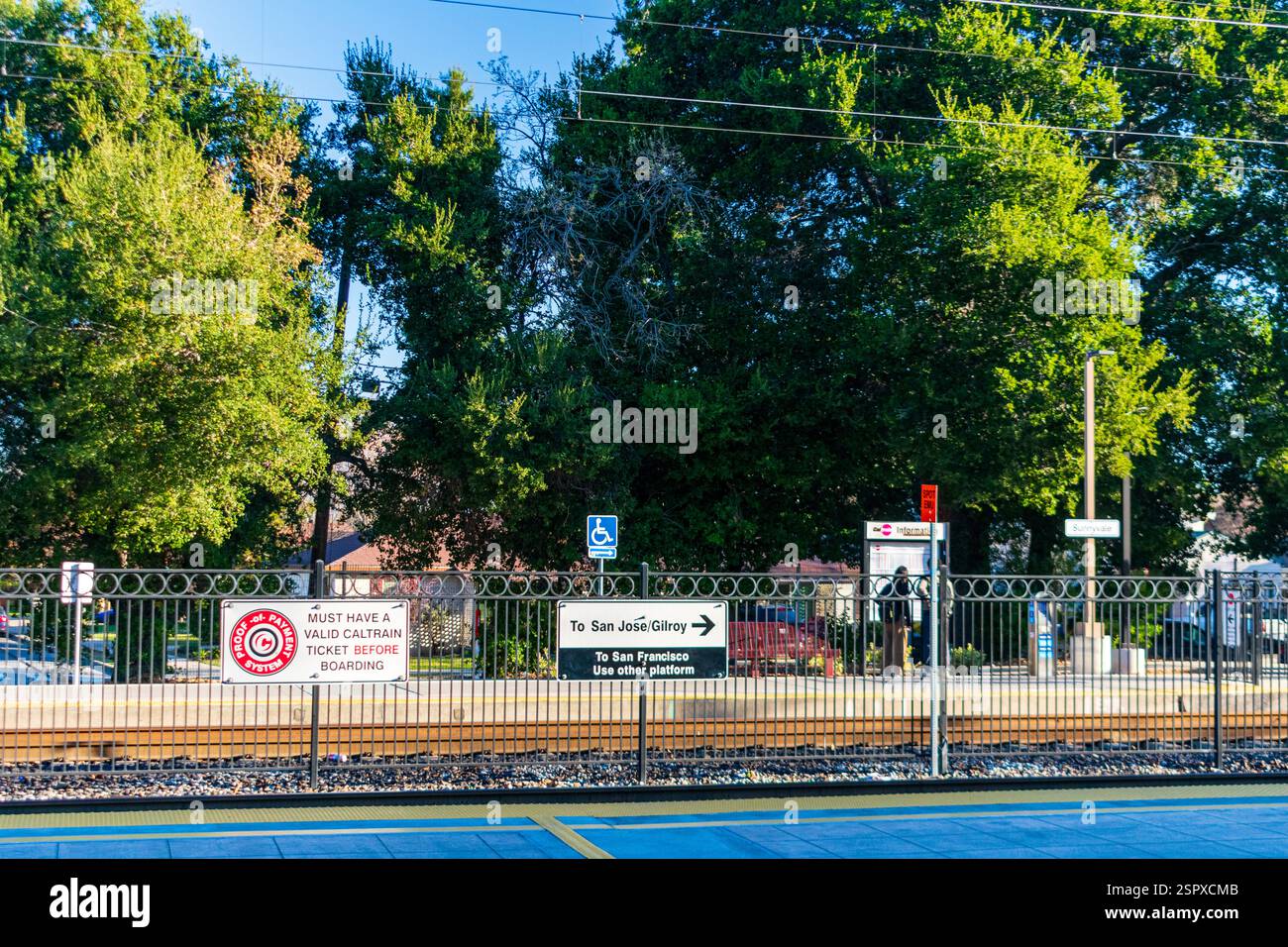 Sunnyvale train station platform featuring Caltrain directional signs ...