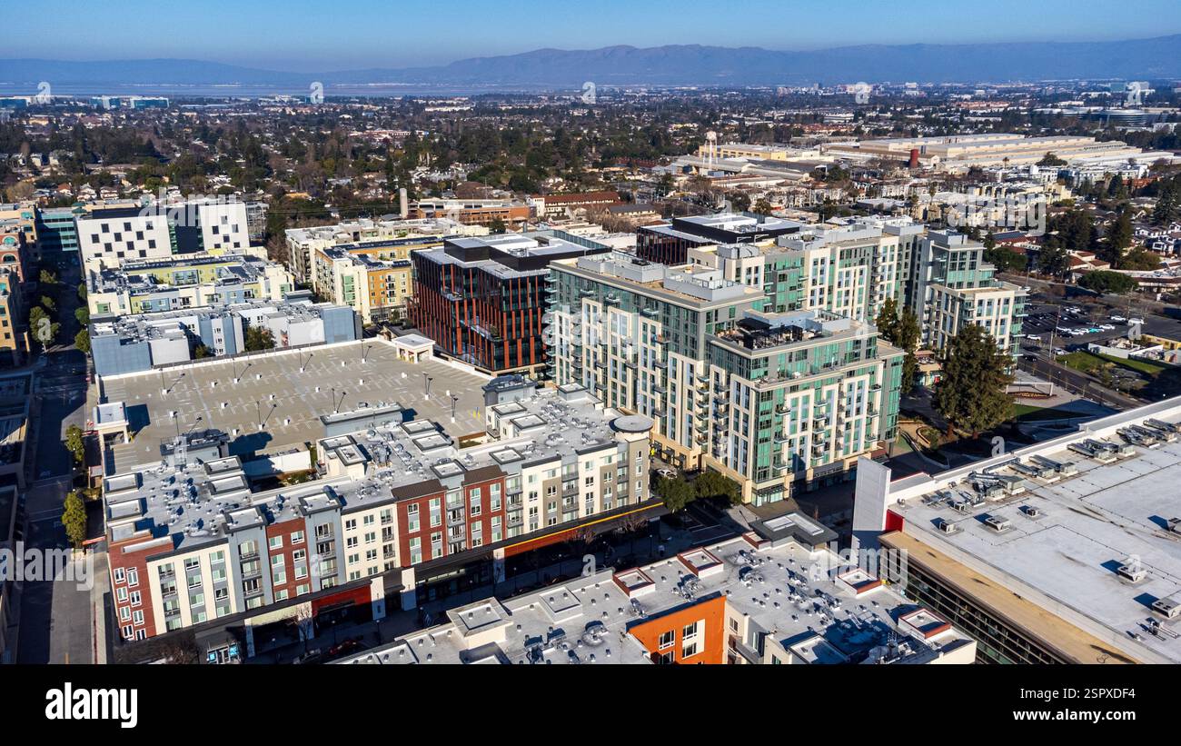 Aerial view of modern mixed-use development in downtown Sunnyvale ...