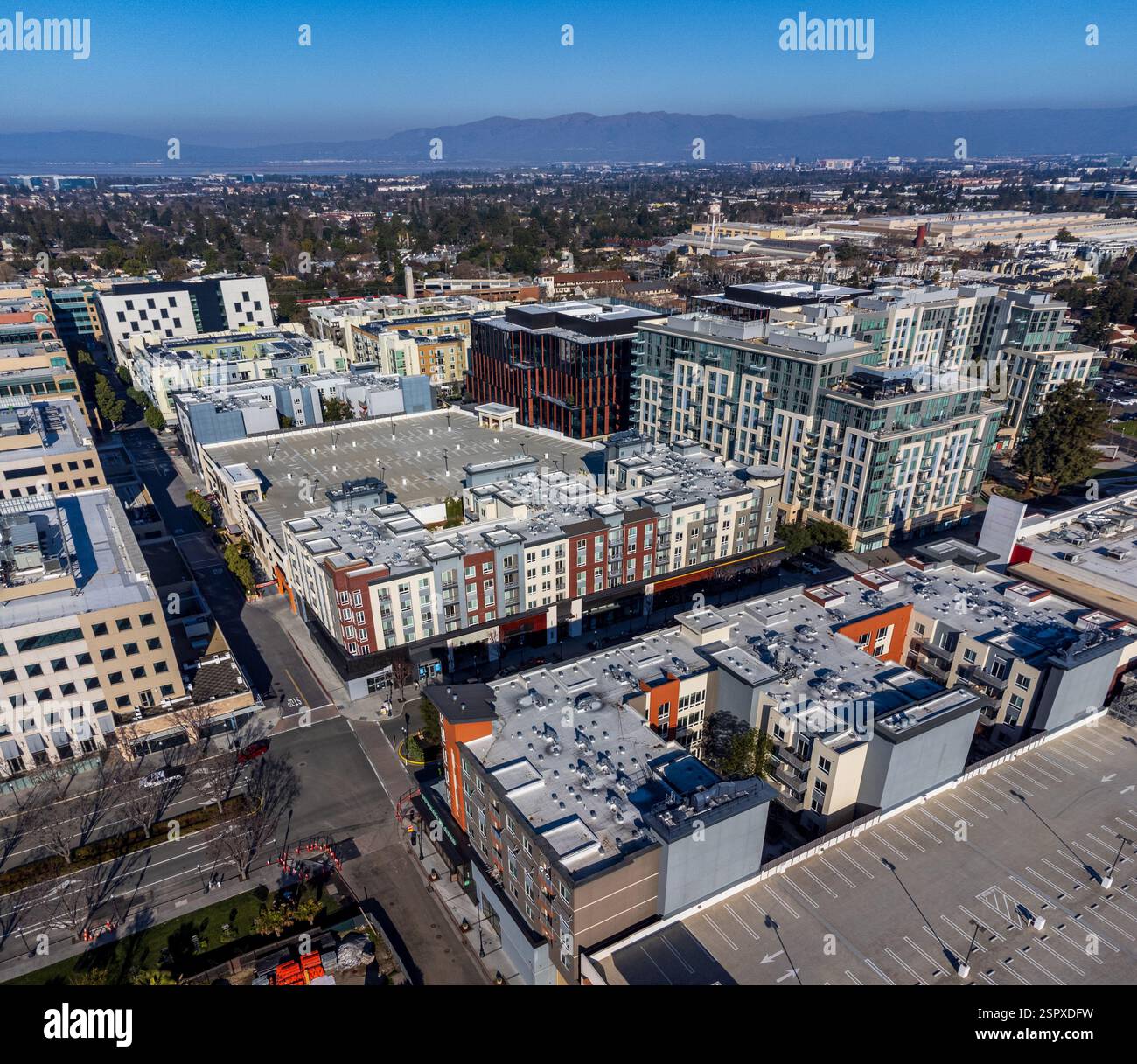 Aerial view of modern mixed-use development in downtown Sunnyvale ...