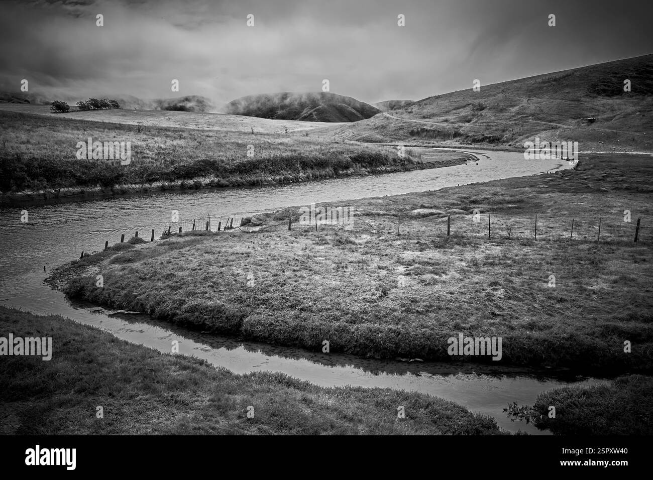 River winding through countryside Black and White Stock Photos & Images ...