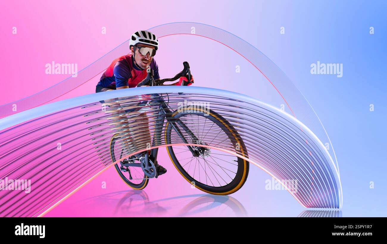 Sport collage. Cyclist wearing helmet and sportswear riding with ...