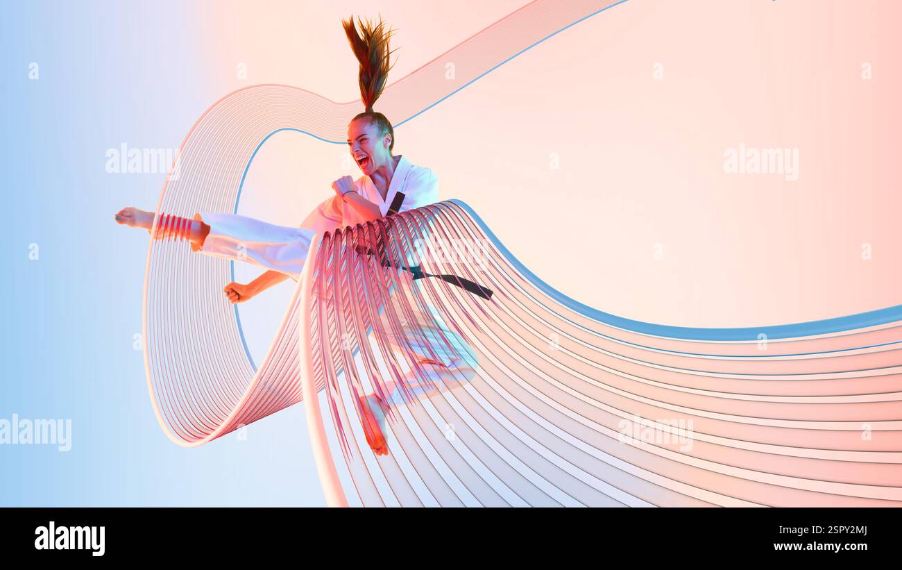 Modern collage. Martial artist executing high kick with intense ...