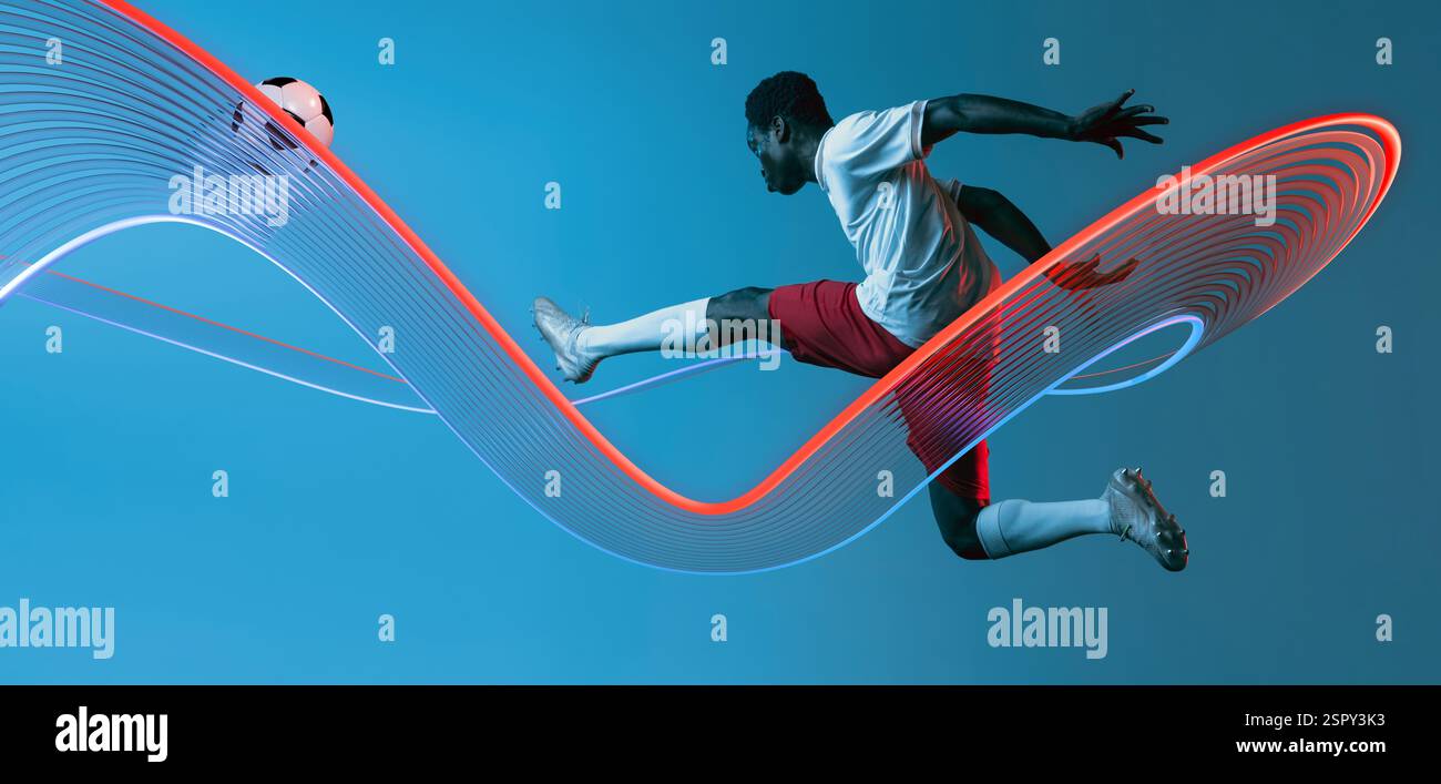 Sport collage. Soccer athlete performing kick in mid-air with motion ...