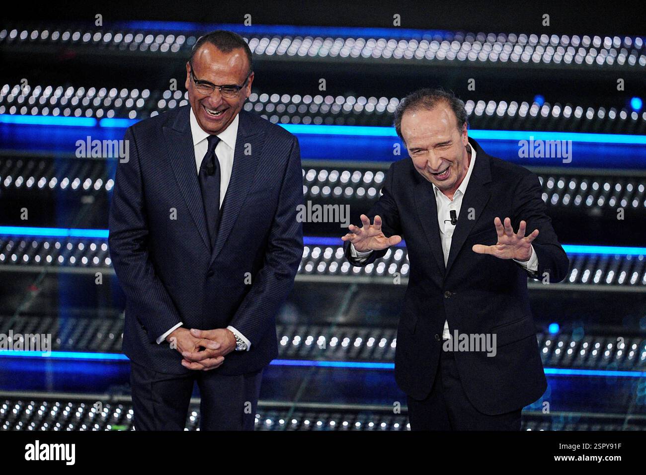 Sanremo, Italia. 14th Feb, 2025. Carlo Conti and Roberto Benigni during ...