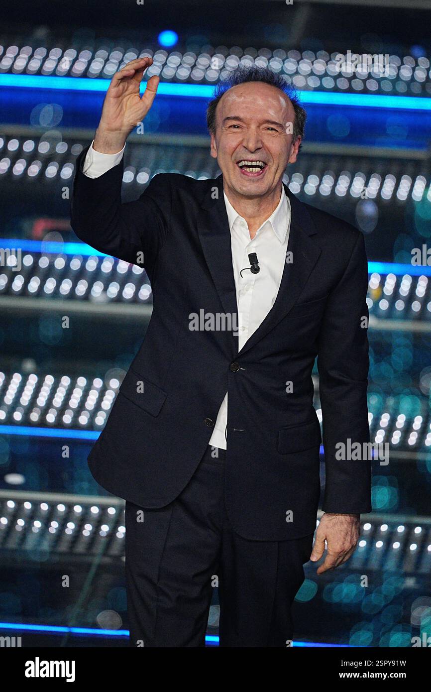 Sanremo, Italia. 14th Feb, 2025. Roberto Benigni during the fourth ...