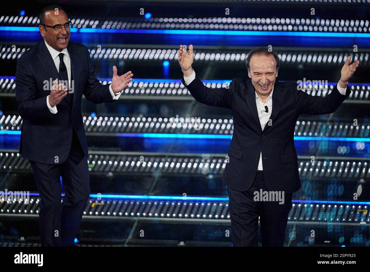 Sanremo, Italia. 14th Feb, 2025. Carlo Conti and Roberto Benigni during ...