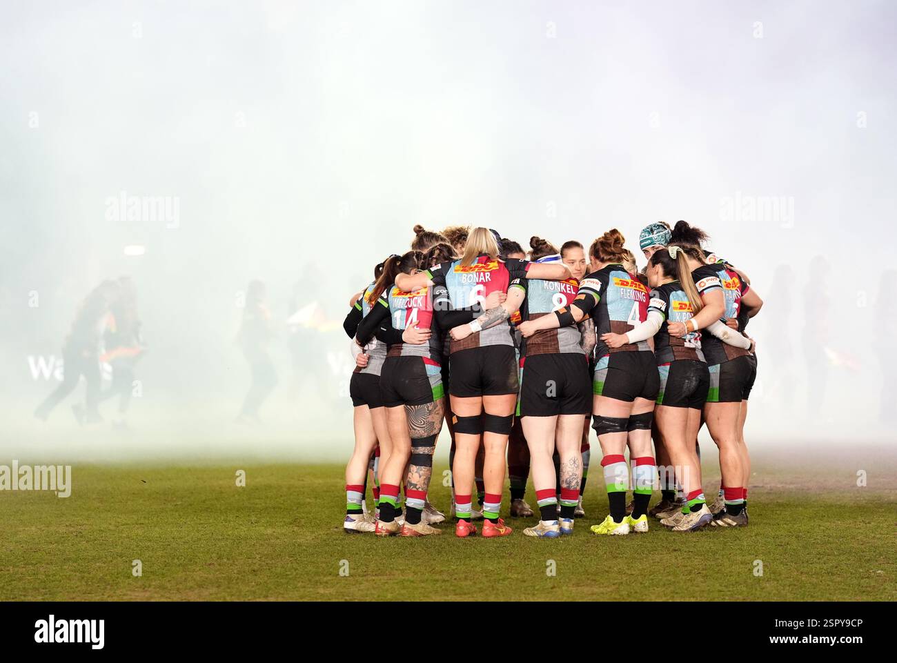 Harlequins players huddle during the Allianz Premiership Women's Rugby ...