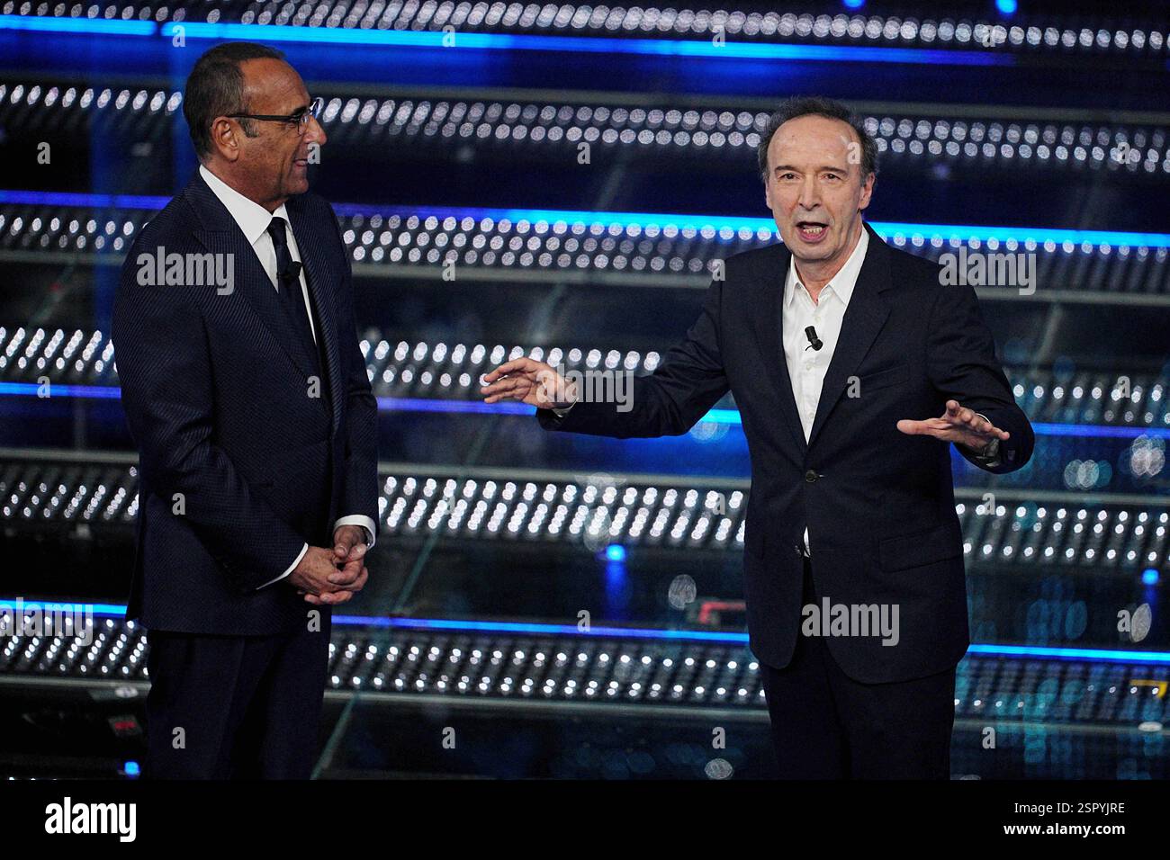 Sanremo, Italia. 14th Feb, 2025. Carlo Conti and Roberto Benigni during ...