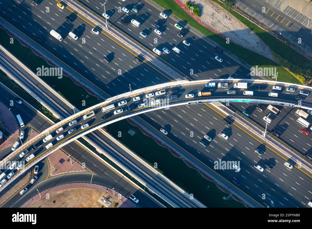 Highway, top view of elevated road and traffic junctions in Dubai Stock ...