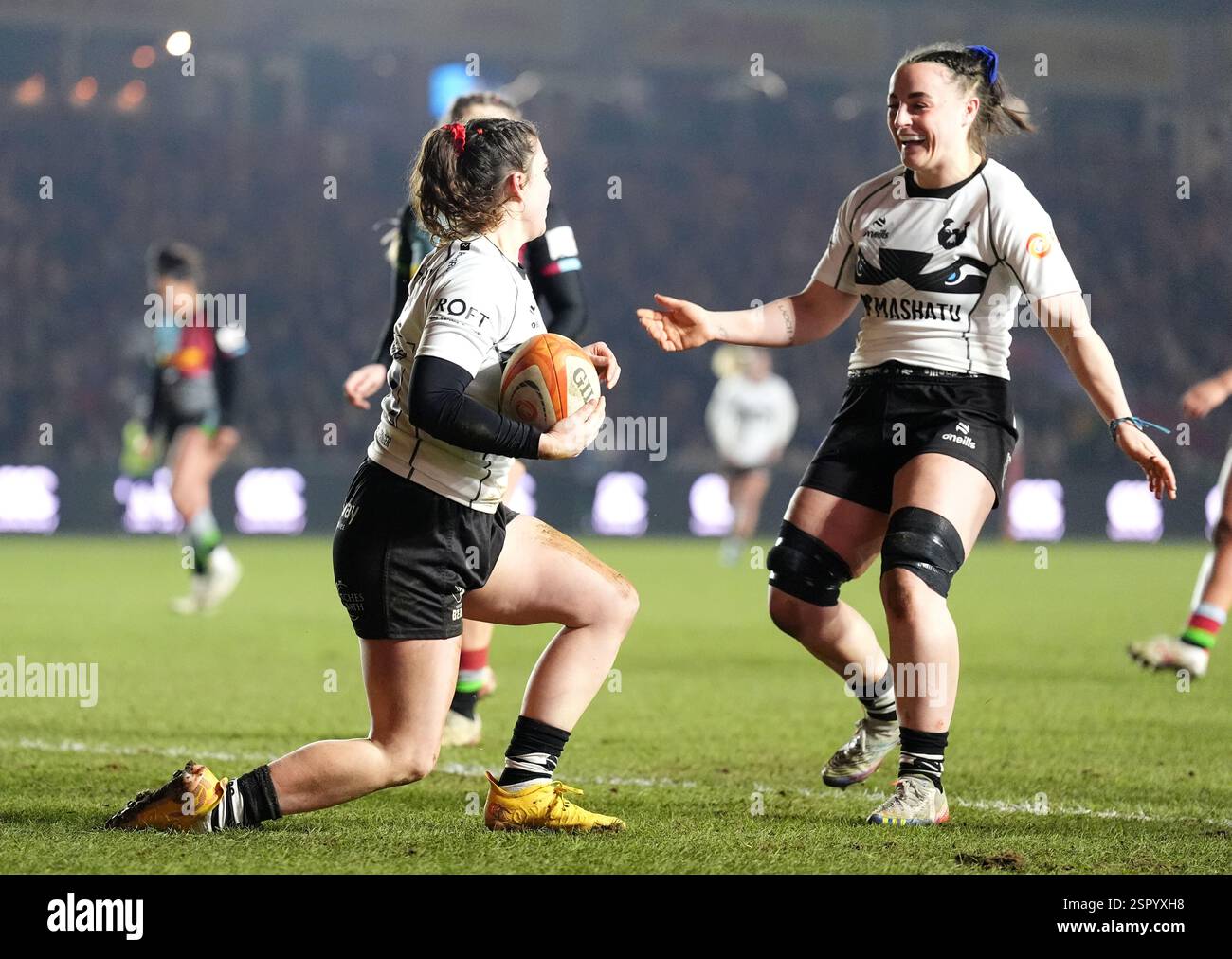 Bristol Bears' Phoebe Murray celebrates scoring their side's first try ...