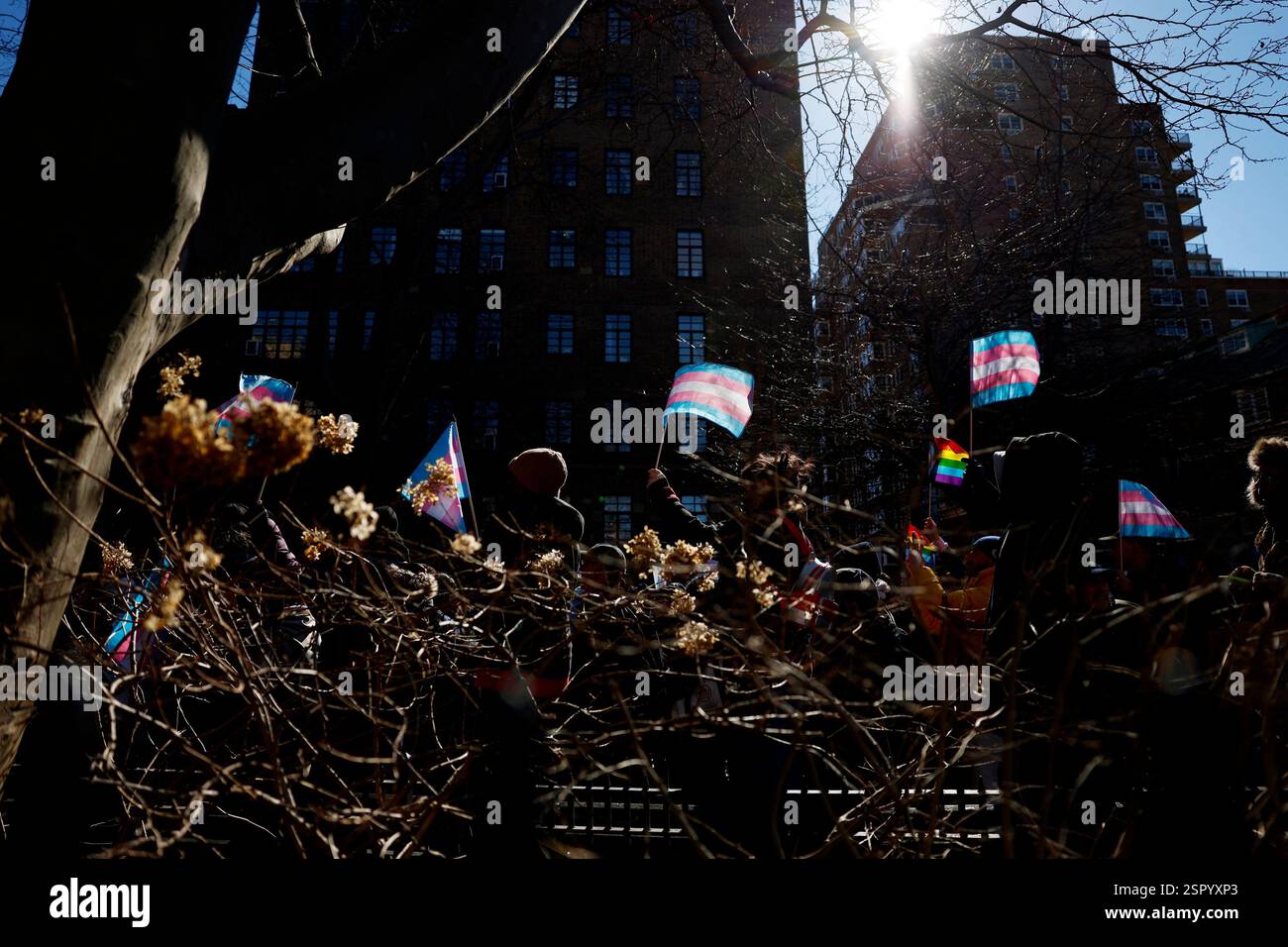 New York, United States. 14th Feb, 2025. Crowds gather holding signs ...