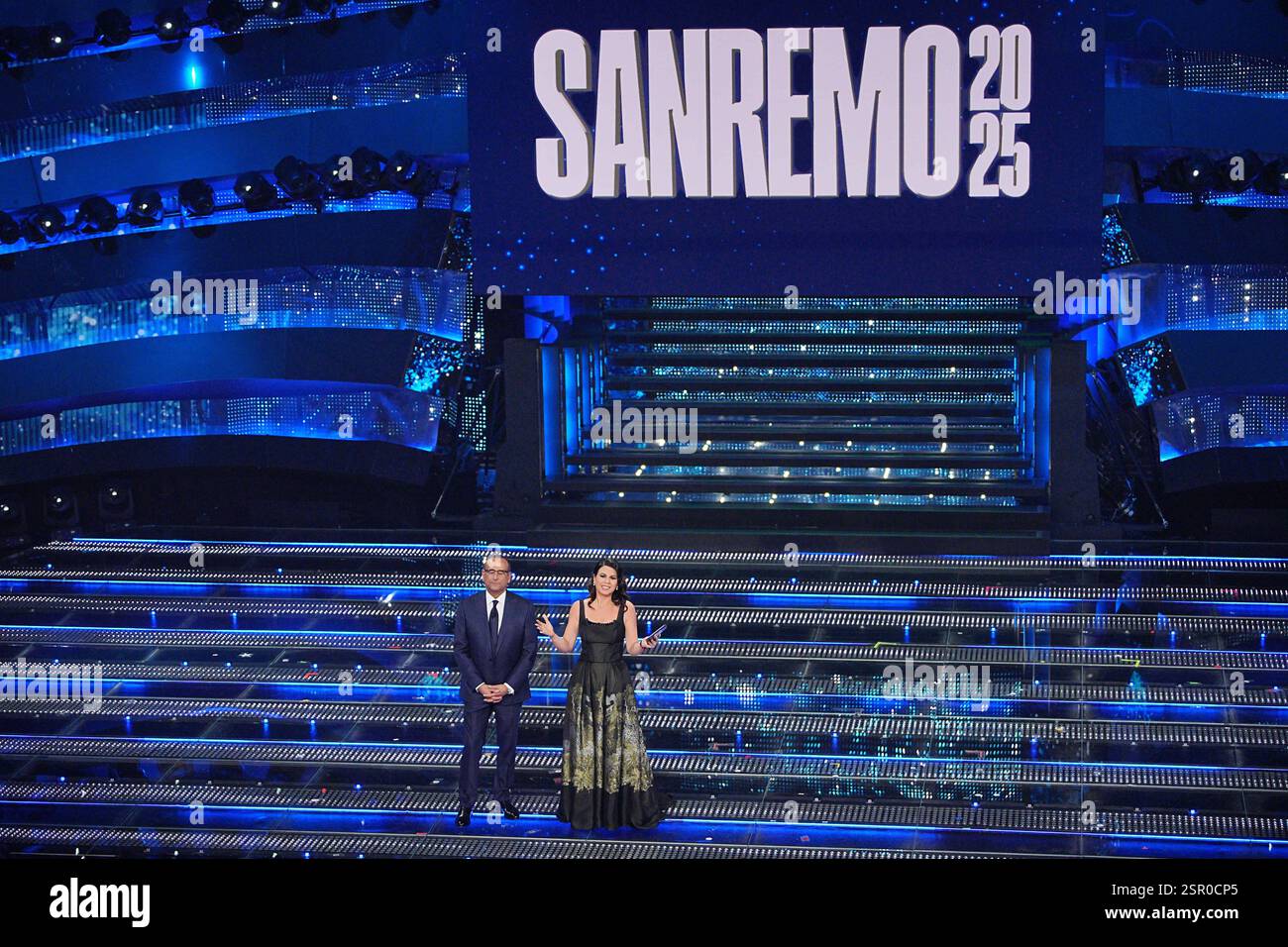 Sanremo, Italia. 14th Feb, 2025. Carlo Conti and Geppi Cucciari during ...