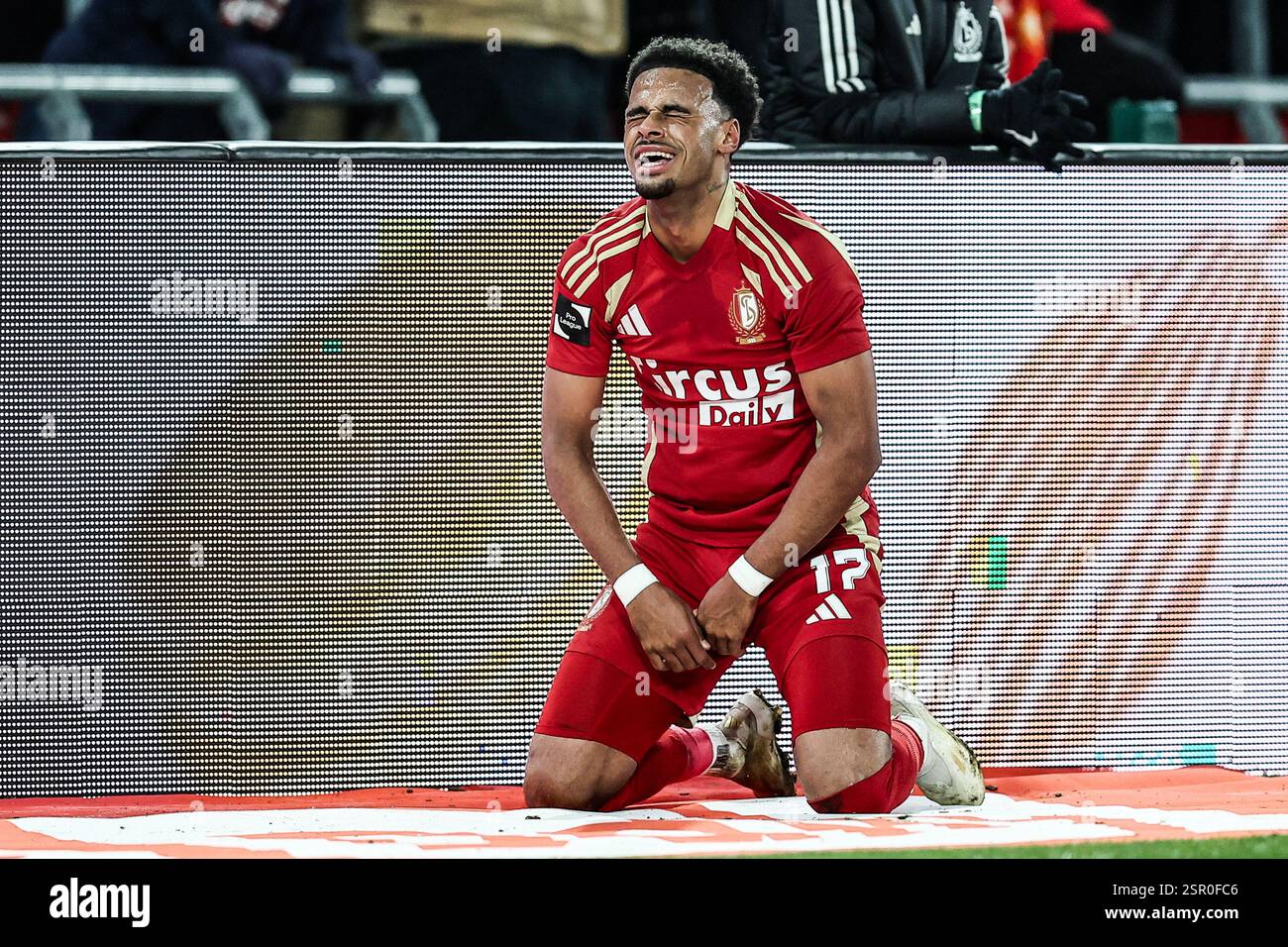 Liege, Belgium. 14th Feb, 2025. Standard's Ilay Camara reacts during a ...