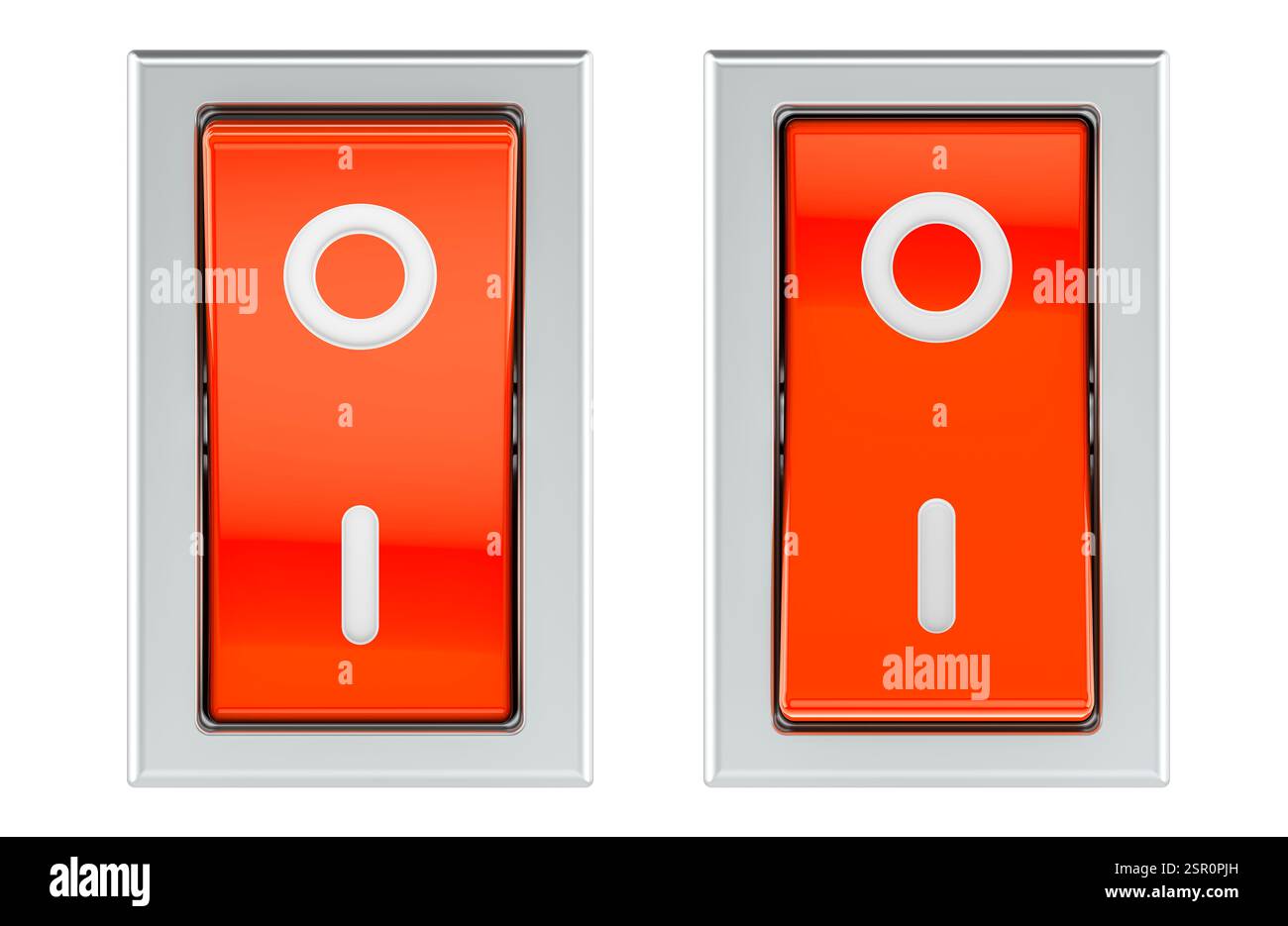 Red Switch Rocker. ON and OFF, front view. 3D rendering isolated on ...