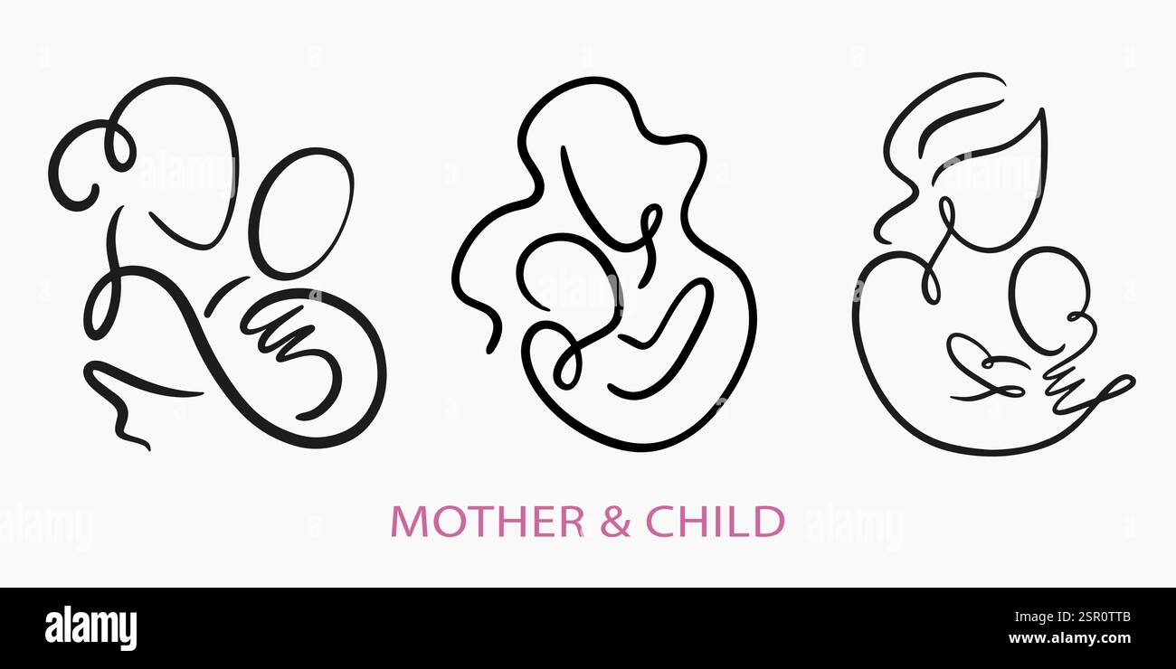 Mother and Baby One Line Art Drawing Breastfeeding Stock Vector Image ...