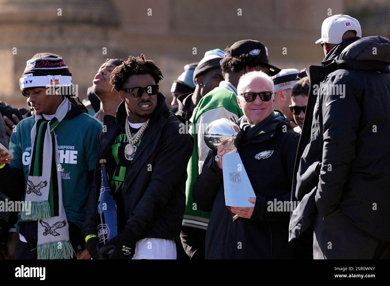 Philadelphia Eagles owner Jeffrey Lurie smiles with the Lombardi Trophy ...