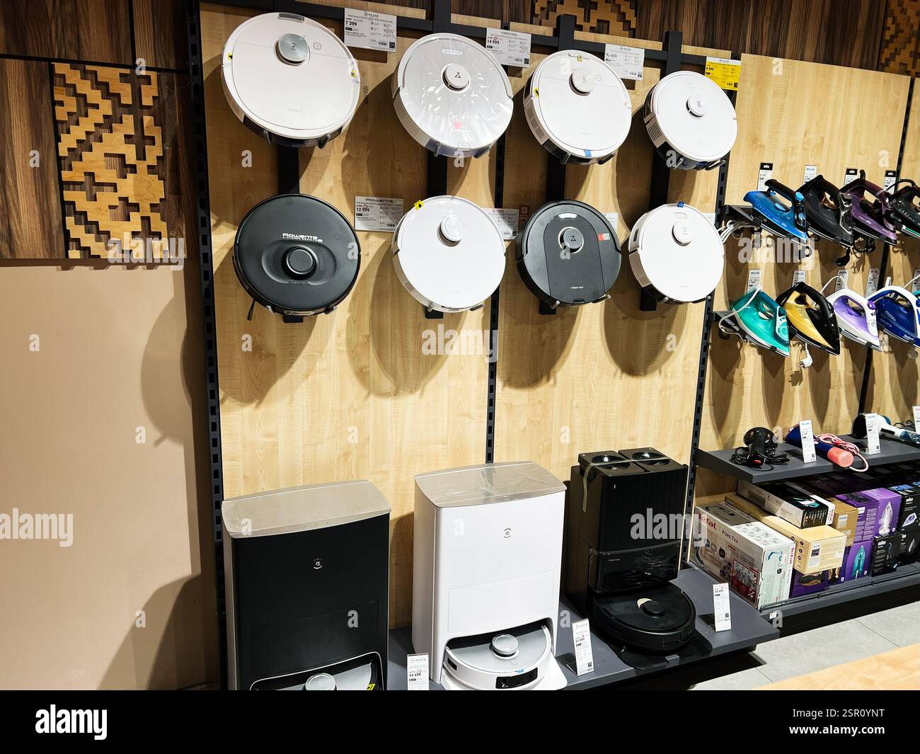 Lviv, Ukraine - February 13, 2025: Showcase of robotic vacuum cleaners ...