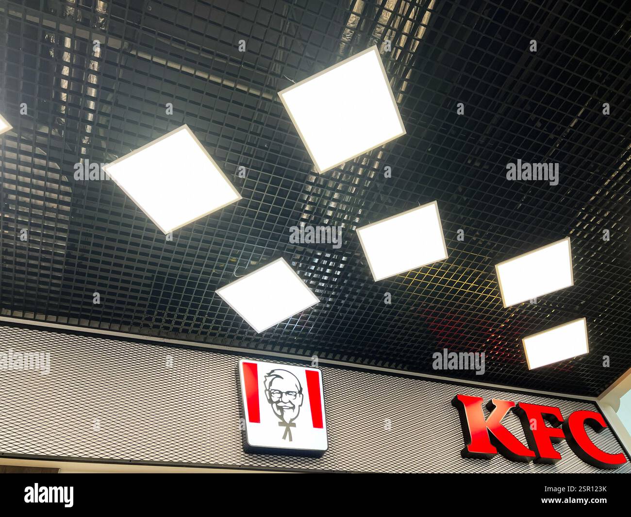 Lviv, Ukraine - February 13, 2025: Bright lights and sign inside a ...