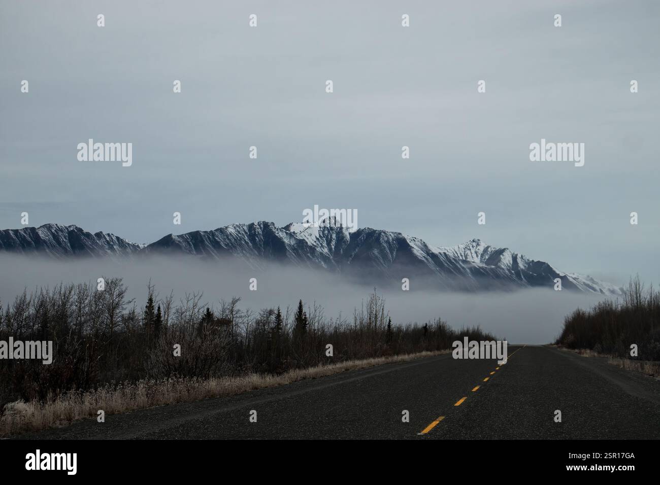 Thick fog at the base of a mountain behind the Alaska Highway on a ...