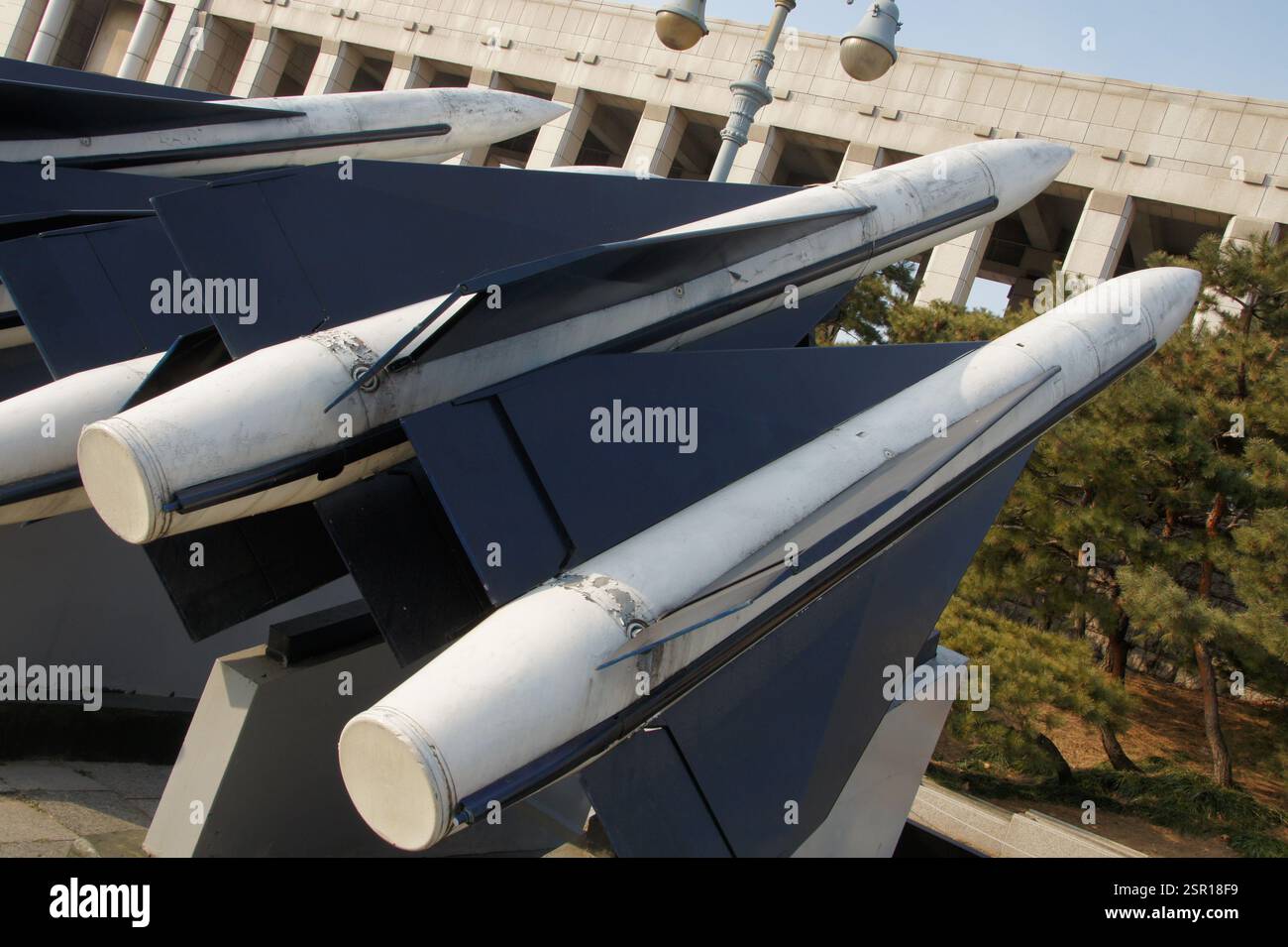 Missiles stand upright on a concrete platform in South Korea ...