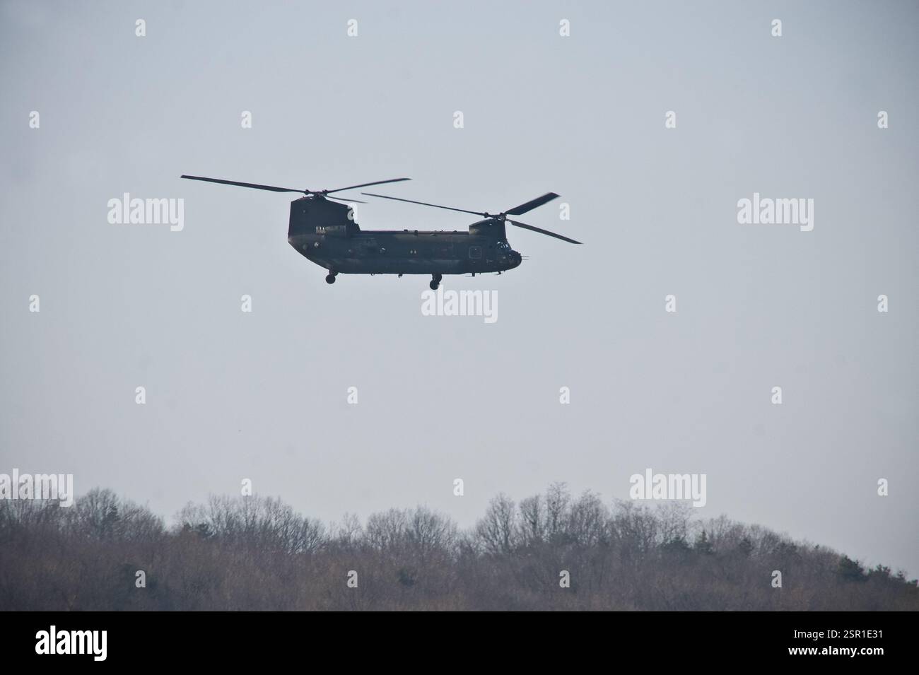 Helicopter flying over South Korea trees. Tan body, black rotor blades ...
