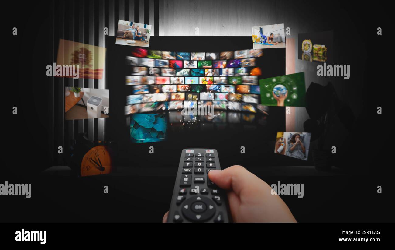 Media concept multiple television screens. Media library streaming ...