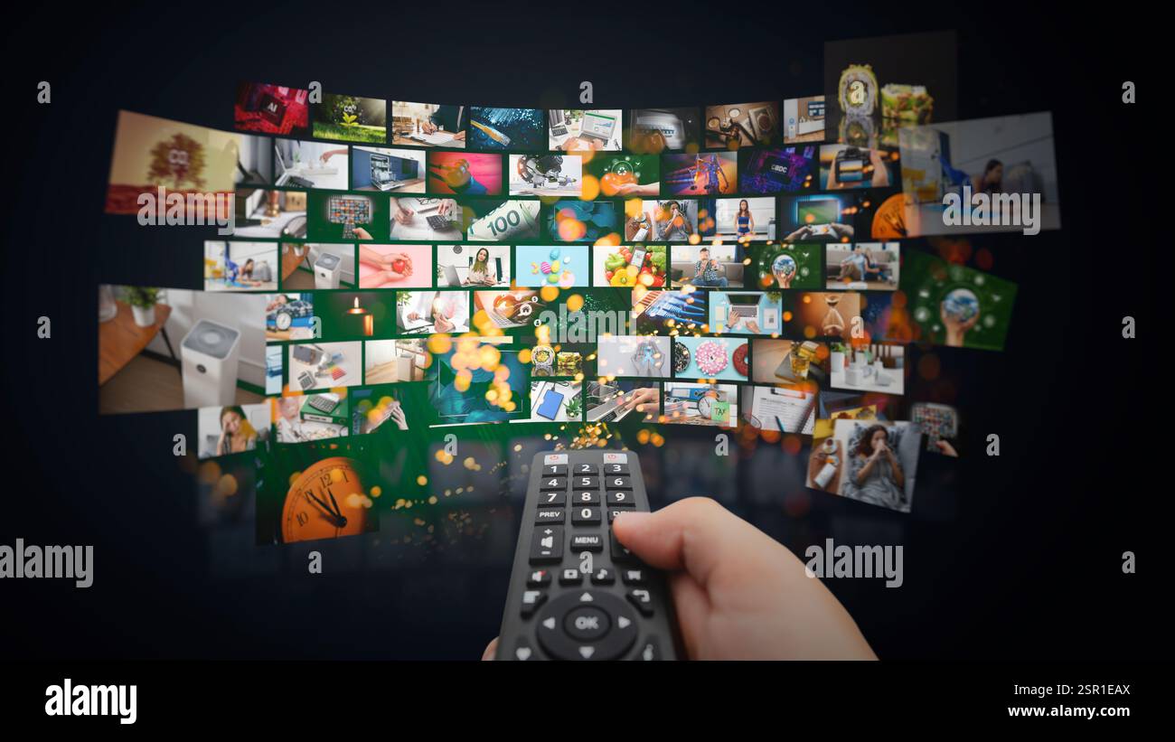 Media concept multiple television screens. Media library streaming ...