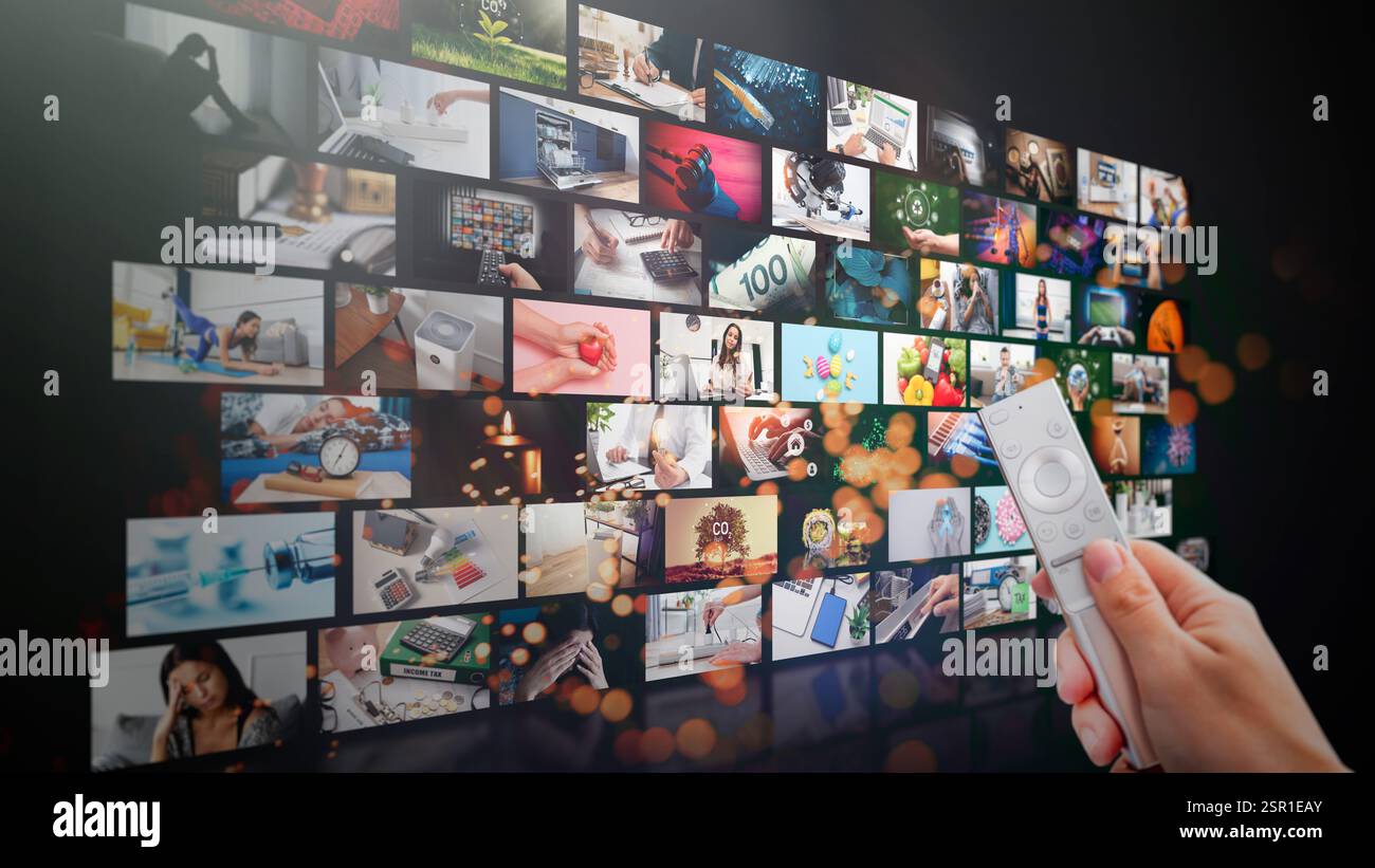 Media concept multiple television screens. Media library streaming ...