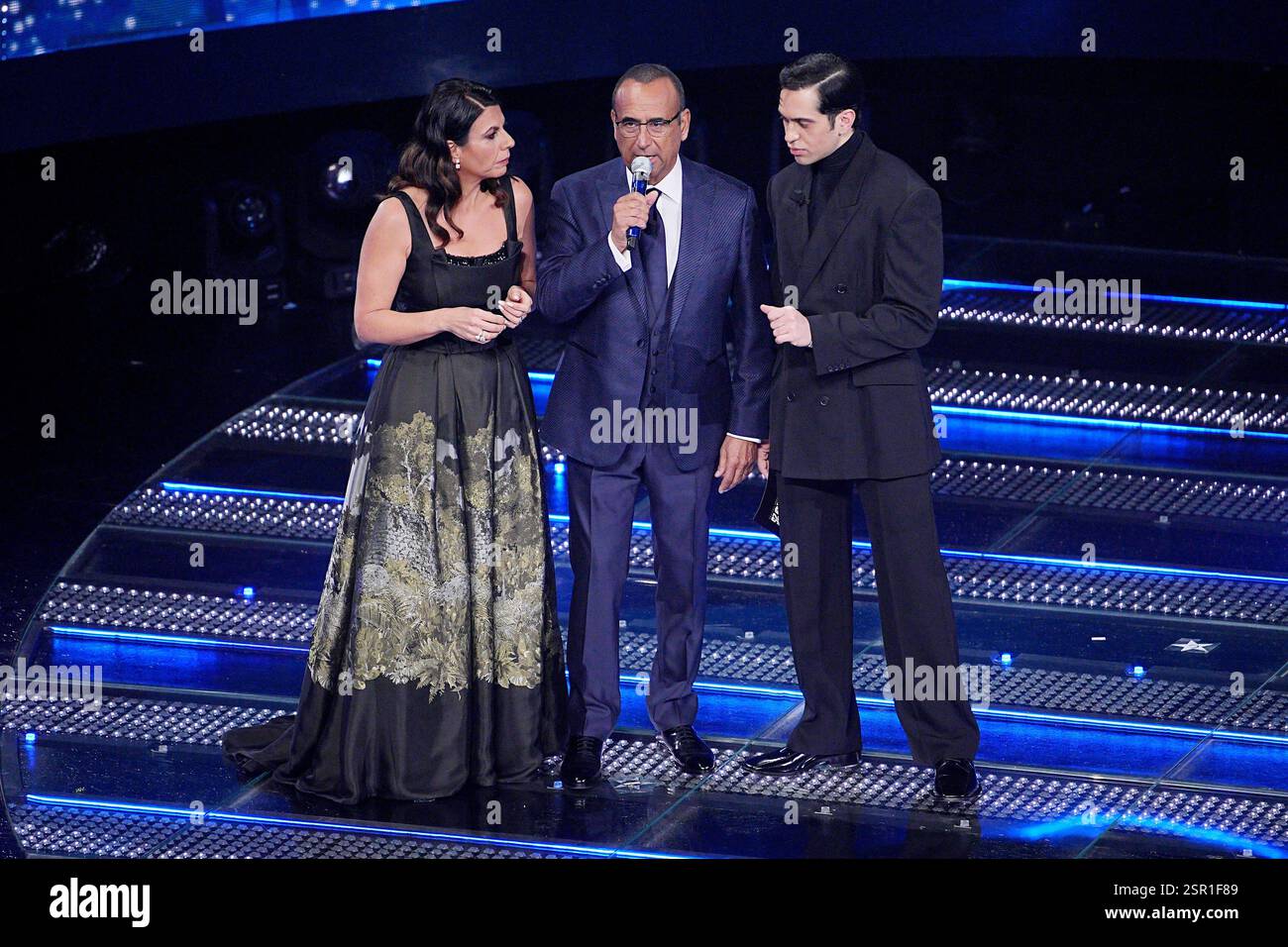 Sanremo, Italia. 14th Feb, 2025. Carlo Conti, Geppi Cucciari and ...