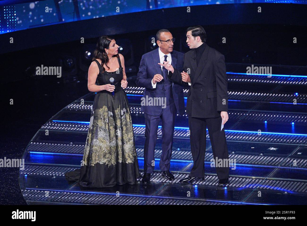 Sanremo, Italia. 14th Feb, 2025. Carlo Conti, Geppi Cucciari and ...