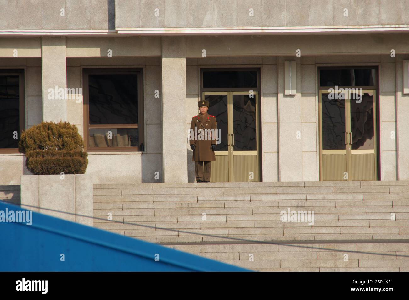 North Korean soldier guarding Panmunjom. Military uniform, rifle ...