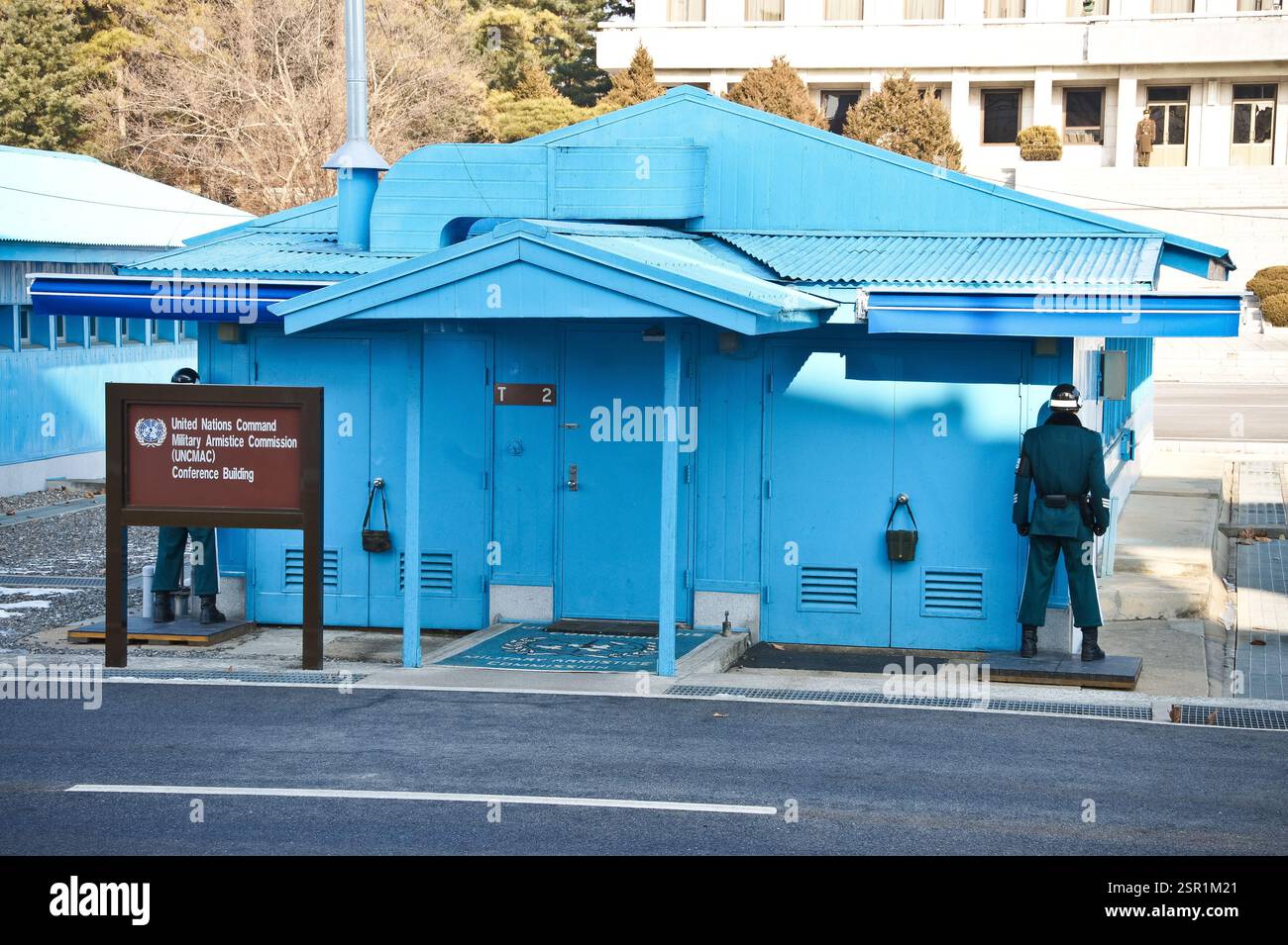 Panmunjom Peace Village, South Korea. Blue building housing the United ...