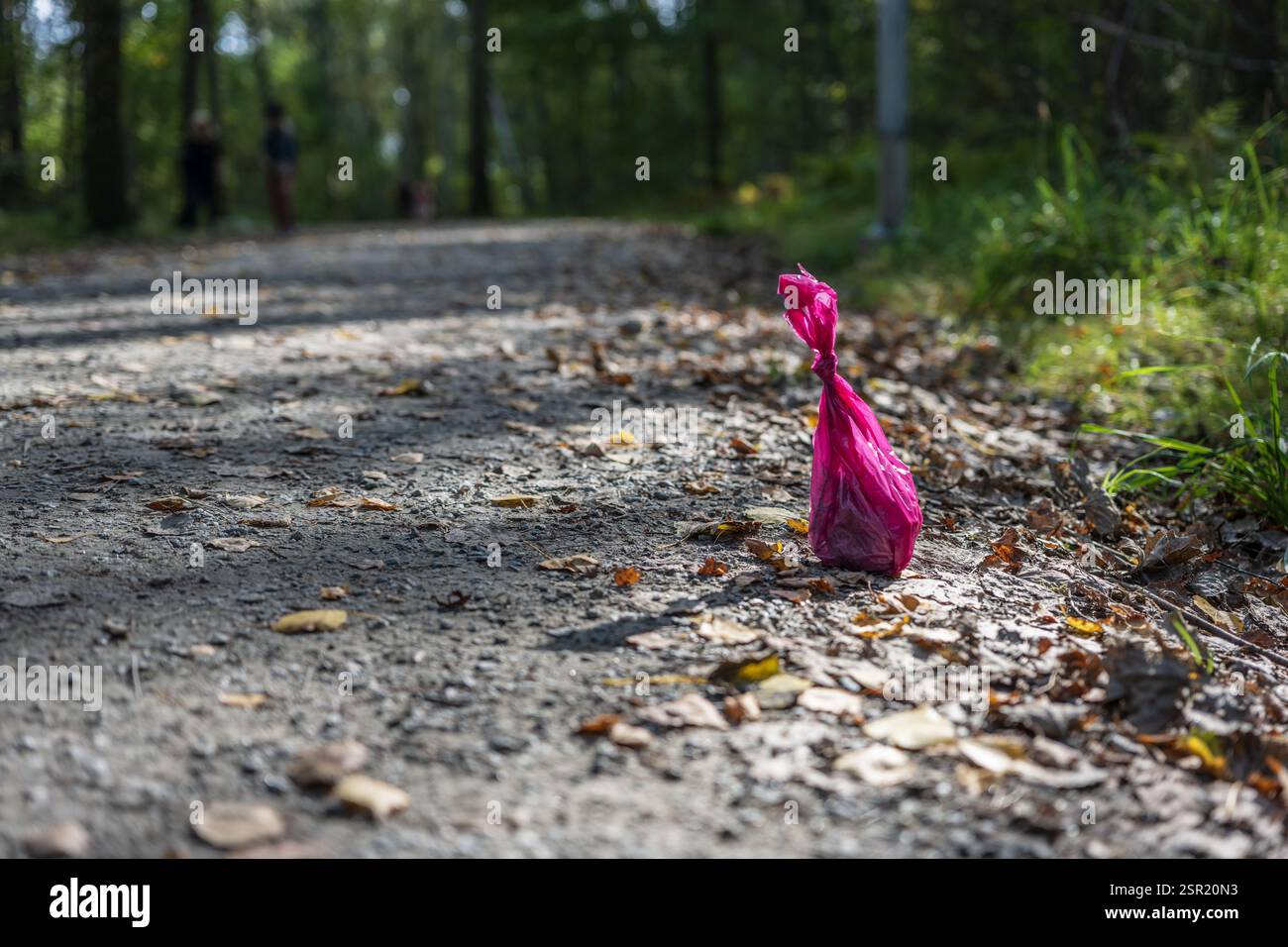 Pink dog poo bag on a gravel road Stock Photo - Alamy