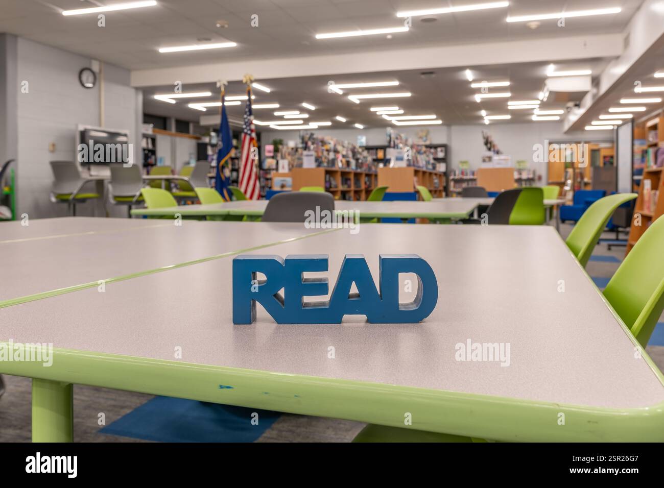 Empty school library with blue block read sign on work table Stock ...