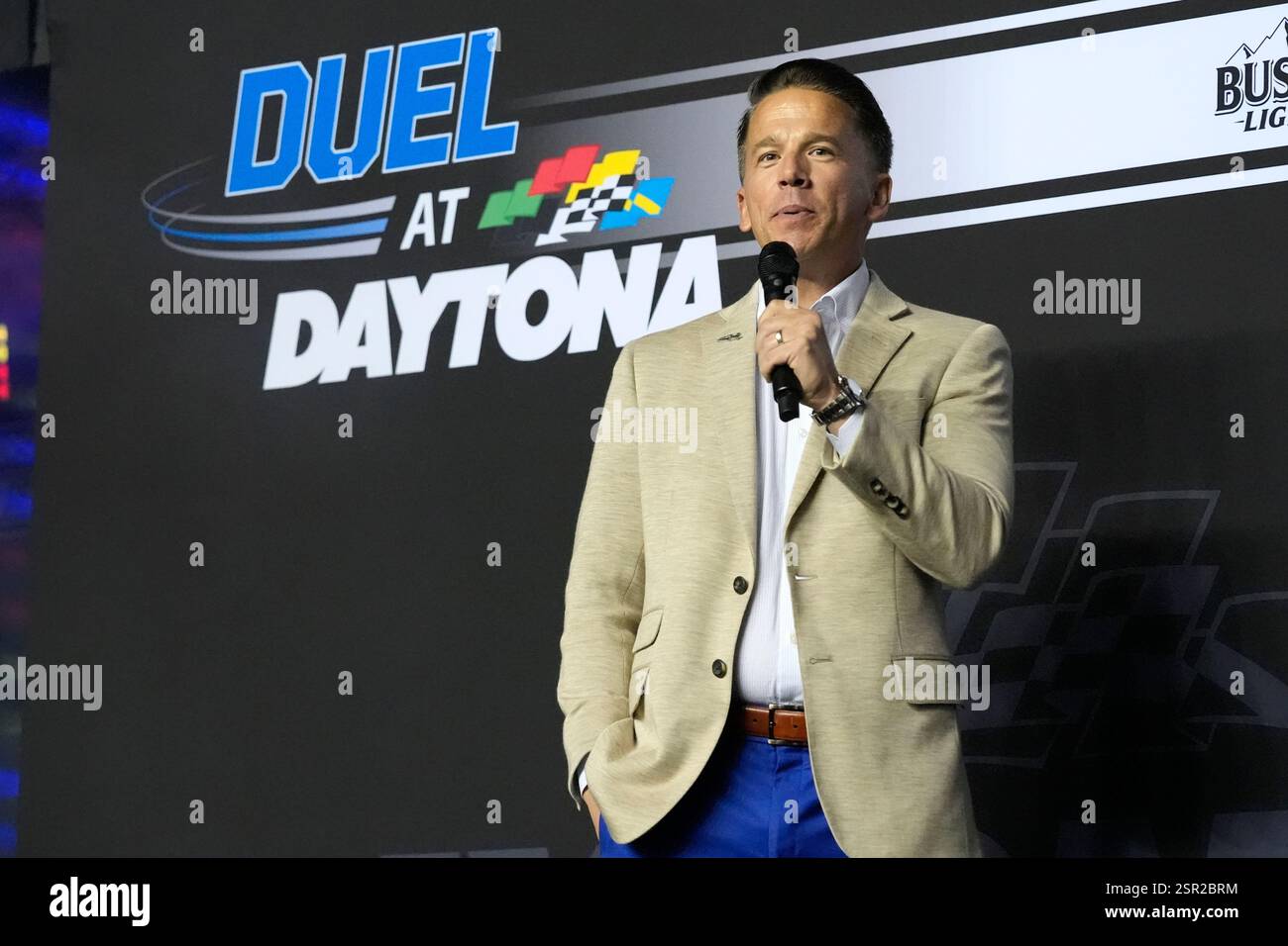President of Daytona International Speedway, Frank Kelleher greets fans before the start of the ...