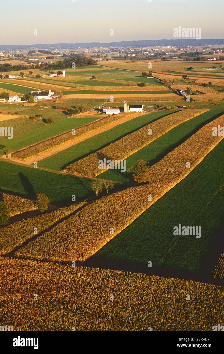 Aerial view of Lancaster County Pennsylvania lush farm fields; home to ...