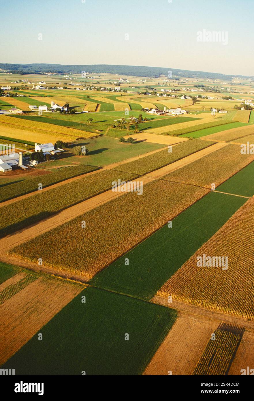 Aerial view of Lancaster County Pennsylvania lush farm fields; home to ...