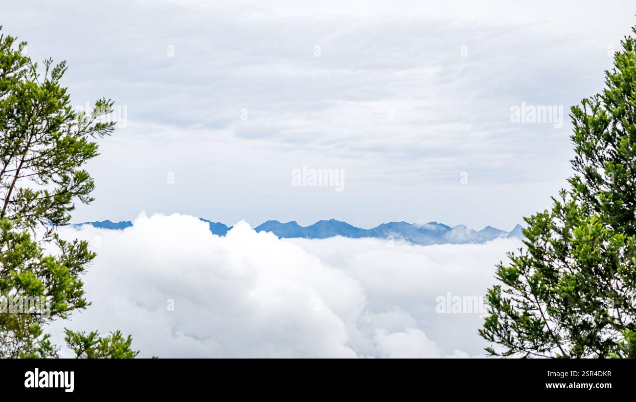 Amazonian landscape in the Peruvian Andes with thick fog below the ...