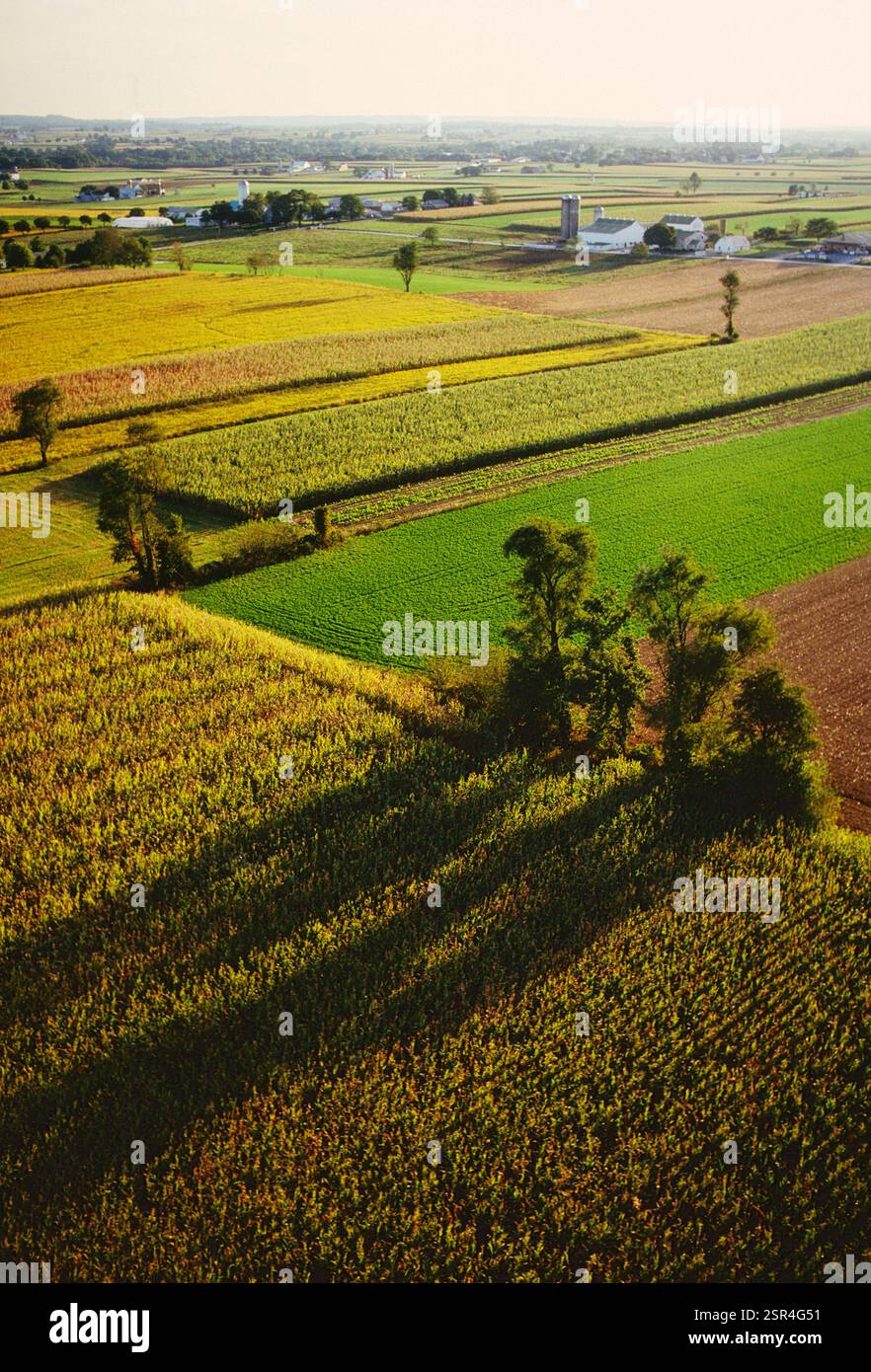 Aerial view of Lancaster County Pennsylvania lush farm fields; home to ...