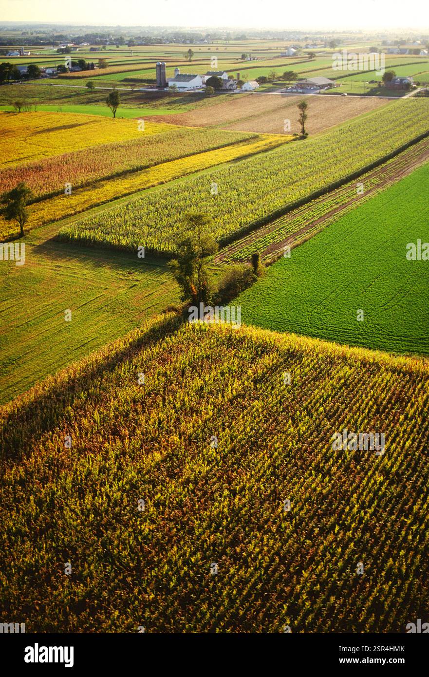 Aerial view of Lancaster County Pennsylvania lush farm fields; home to ...