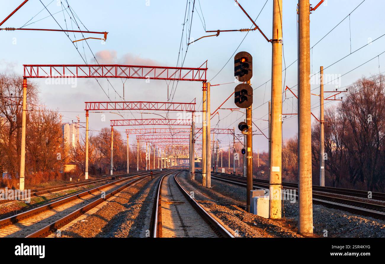 Railway tracks and signals at Darnytsia station, the largest station in ...