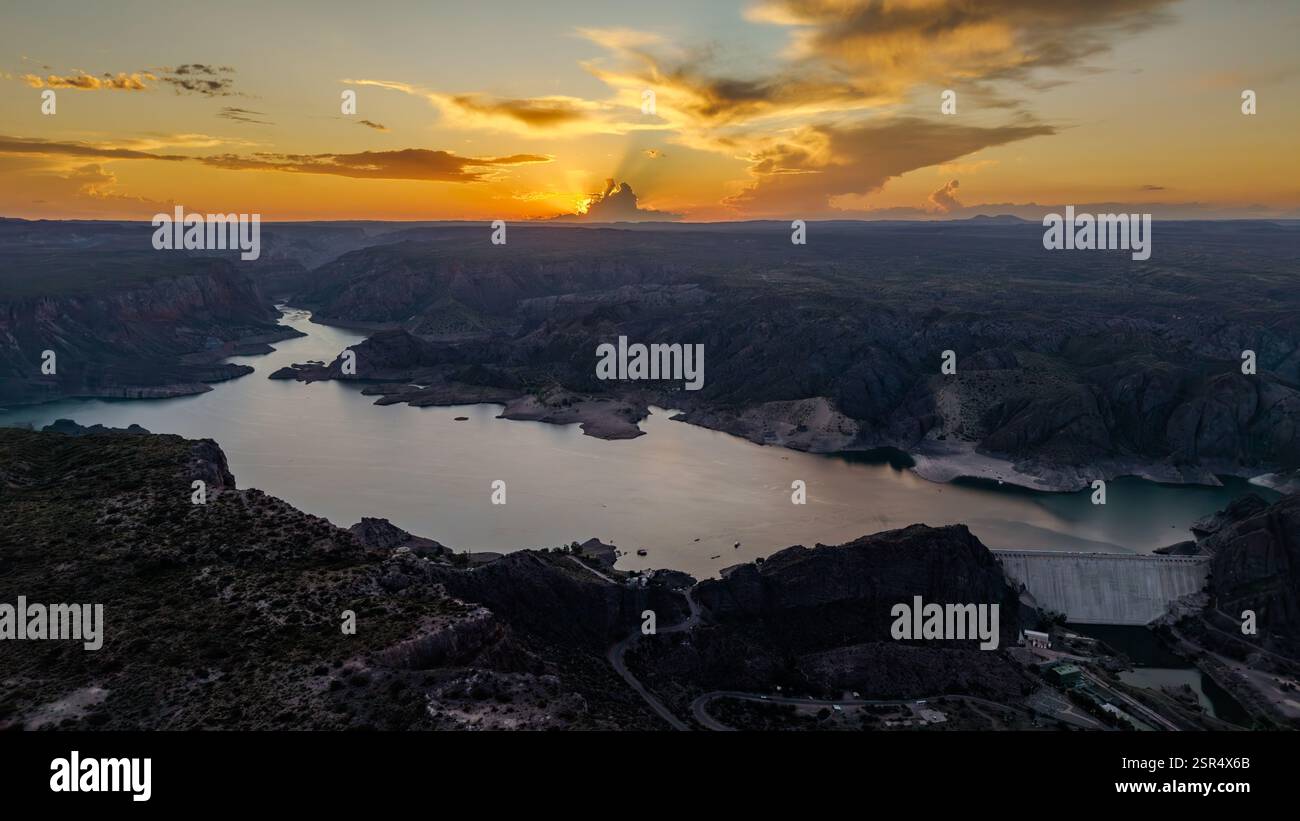 Aerial view of the reservoir, "Valle Grande" at sunset in San Rafael ...