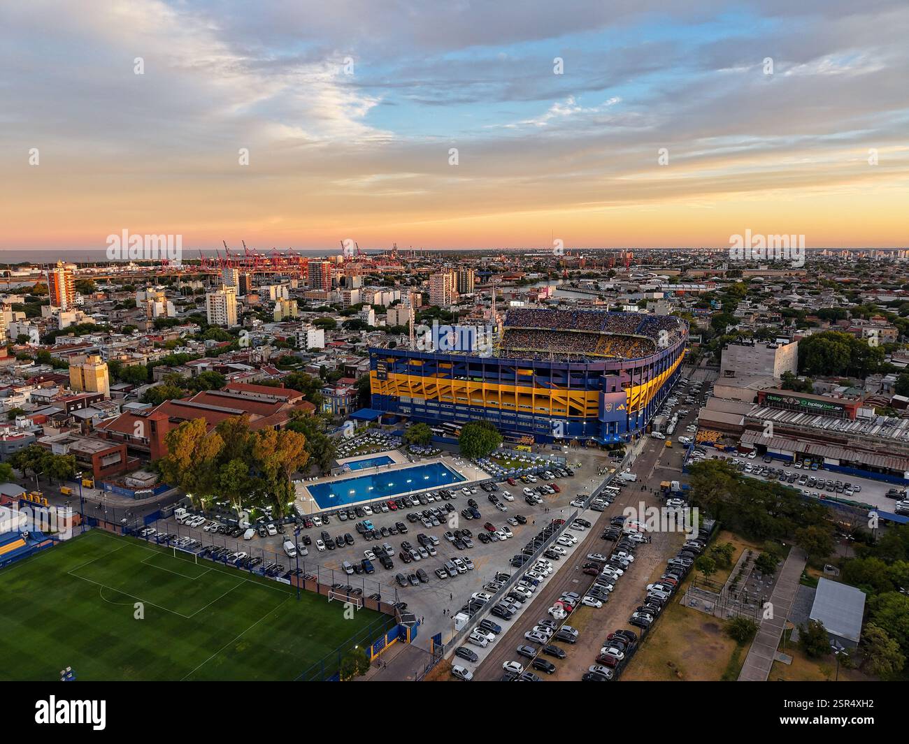 Buenos Aires, Argentina, Enero 05, 2025; Aerial photo at sunset Boca ...
