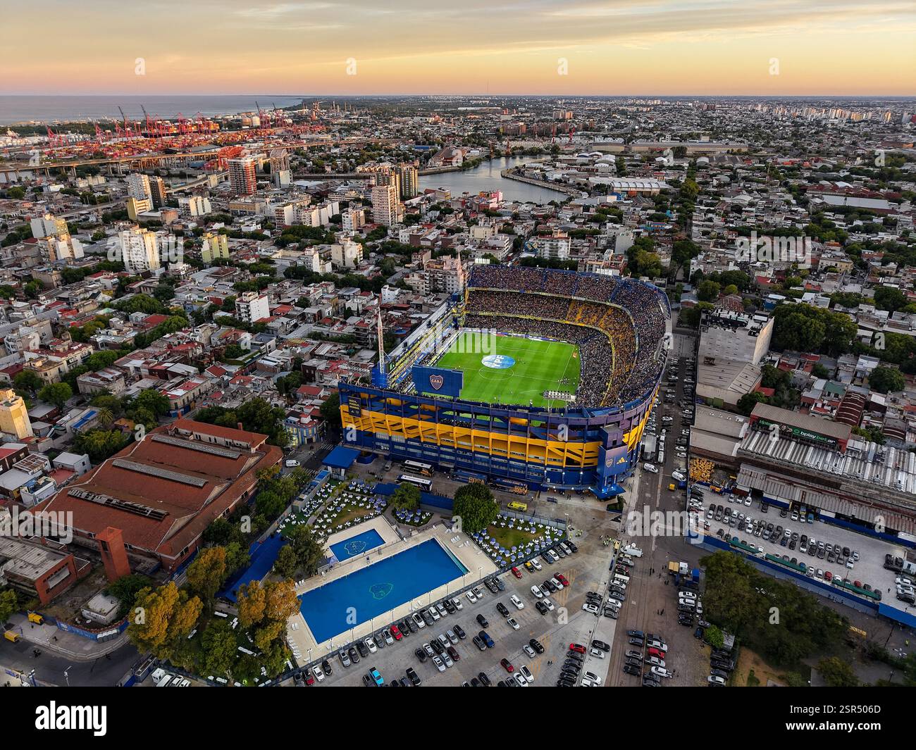 Buenos Aires, Argentina, Enero 05, 2025; Aerial photo at sunset Boca ...