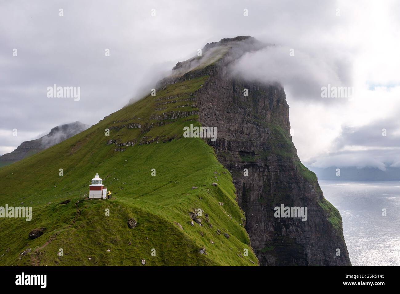 Drone View of Lighthouse on Faroe Islands Among Majestic Cliffs Stock ...